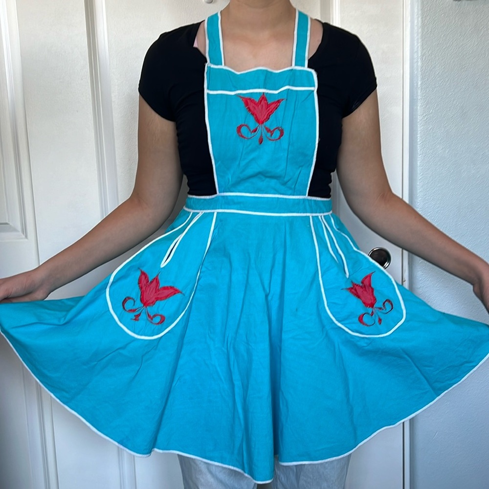 Vintage 1940s 50s Pinafore Style Aqua Blue Red Flower… - Gem